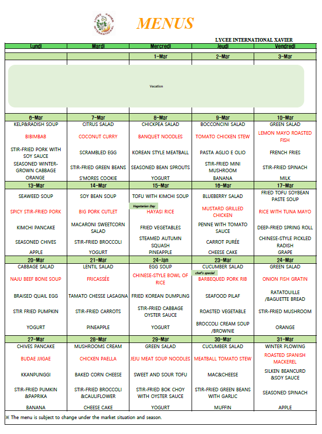 Lycée International Xavier Menus de la cantine_Mars.2023